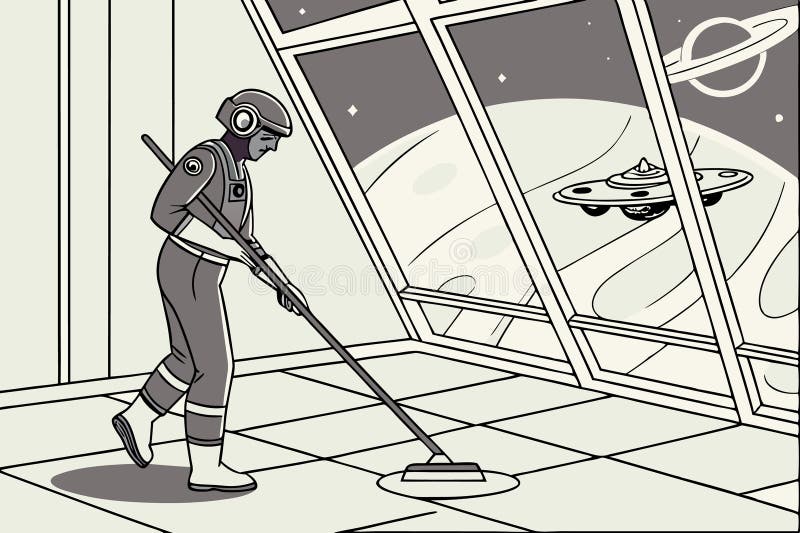 A Janitor in Futuristic Uniform Sweeping the Floor in an Advanced Space ...