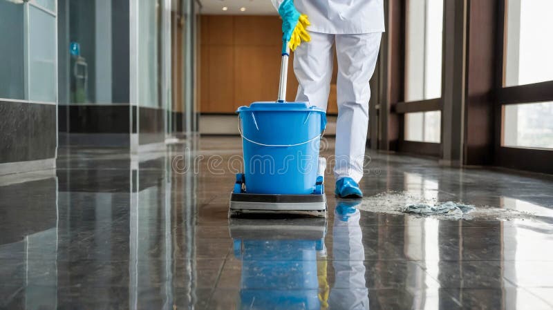 Janitor Mopping a Polished Floor in a Modern Office Setting Stock Photo ...
