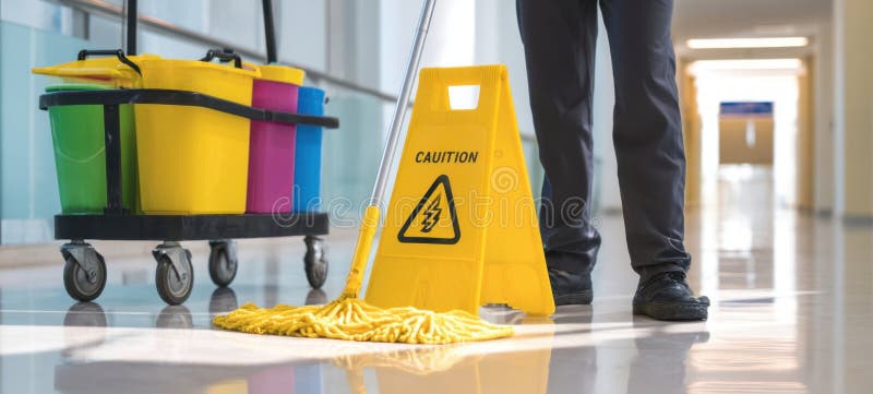 The Janitor Mops the Floor while Displaying a Caution Sign for Safety ...