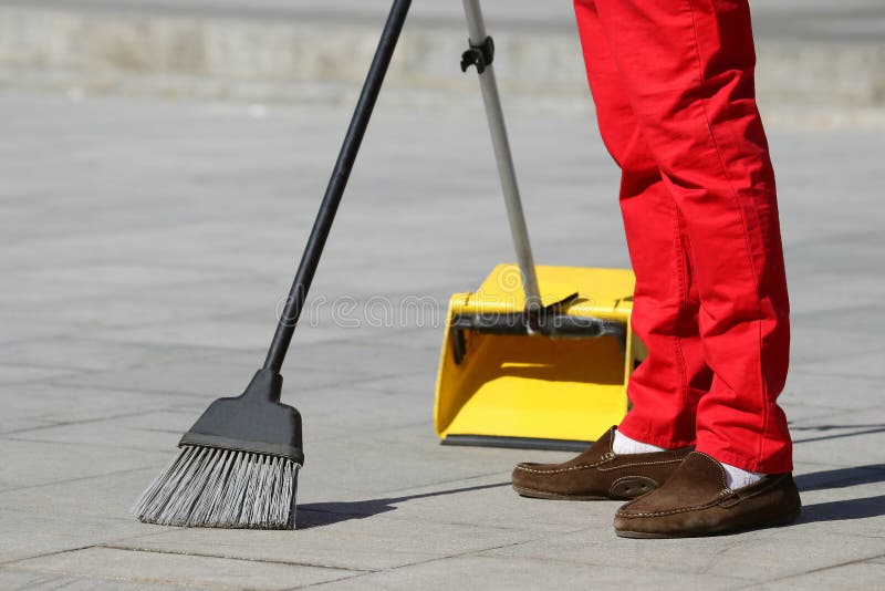 Janitor Sweeping Broom Street Stock Photo - Image of garbage, cleaner ...