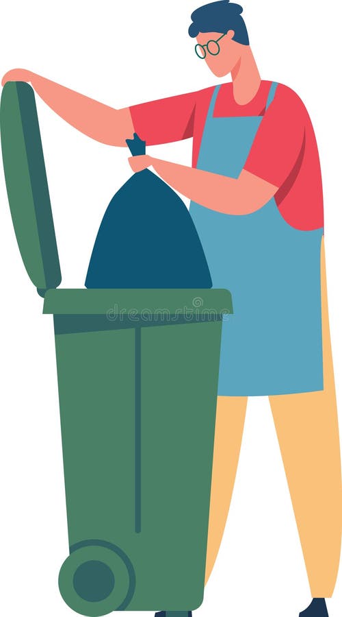 Janitor Wearing an Apron is Throwing a Garbage Bag into a Large Green ...