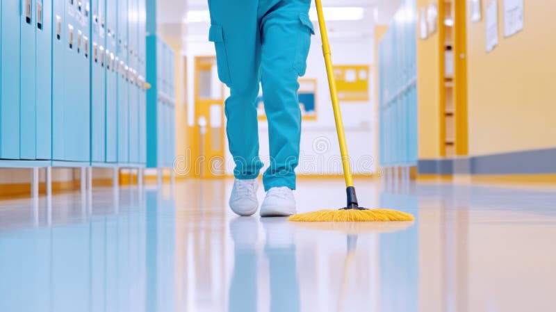 Janitorial Staff Member Mops the Hallway with Precision in a School ...