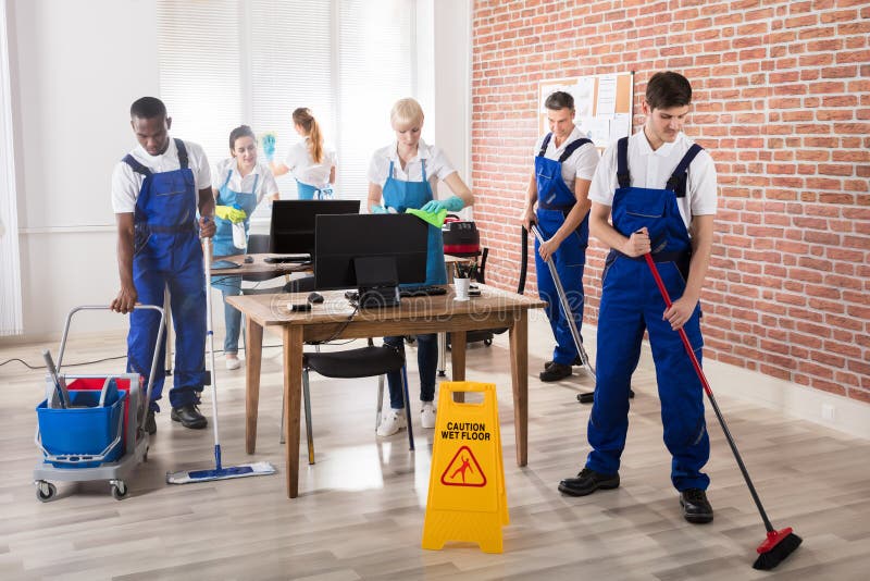 Janitors Cleaning the Office Stock Image - Image of clean, hardwood ...
