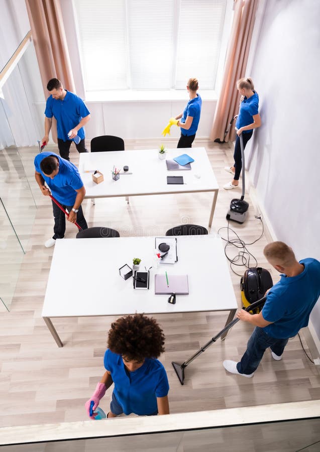 Janitors in Uniform Cleaning Office Stock Image - Image of glass ...