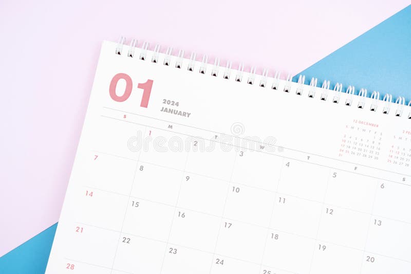 January 2024 Calendar Close-up on Blue and Pink Background, Planning ...