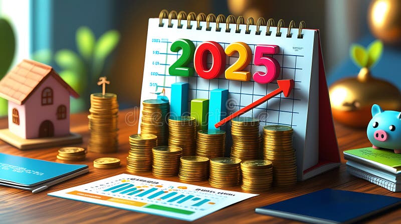 January 2025 Calendar with Financial Graph and Coins Stock Illustration ...