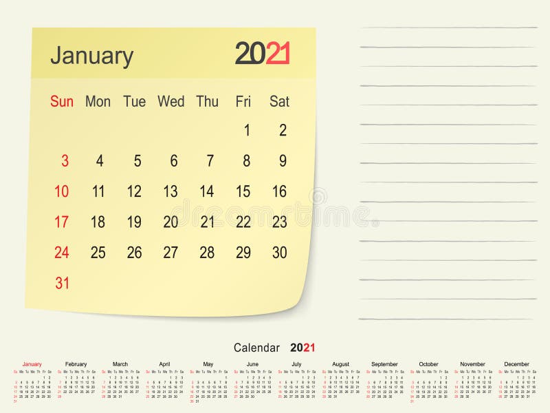 January 2021 Calendar Paper Note Design Stock Vector - Illustration of ...