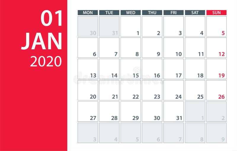 January 2020 Calendar Planner - Vector Illustration. Template. Mock Up ...