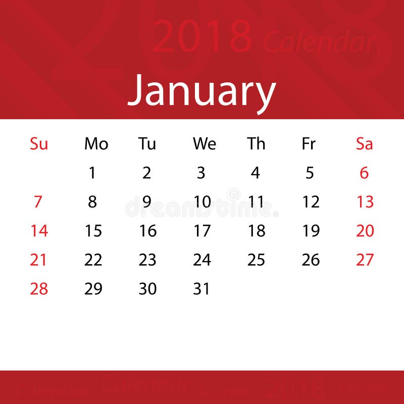 January 2018 Calendar Popular Red Premium for Business Stock ...