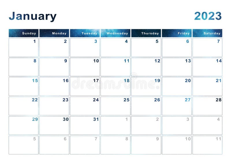 January 2023 Calendar, Week Start Sunday Stock Illustration ...