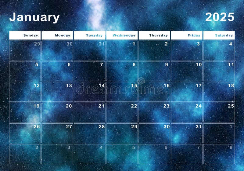 January 2025 Calendar, Week Start Sunday Stock Illustration ...