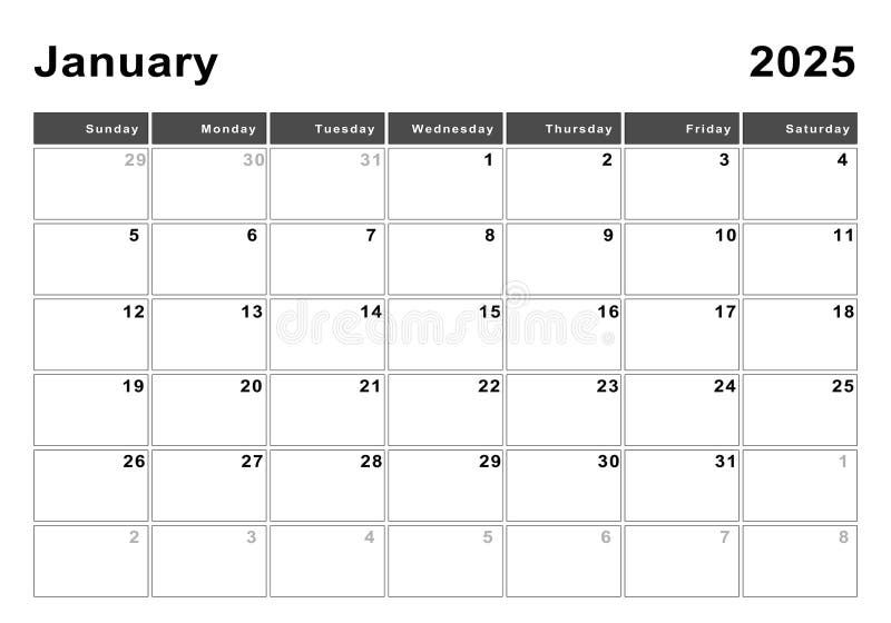 January 2025 Calendar, Week Start Sunday Stock Illustration ...