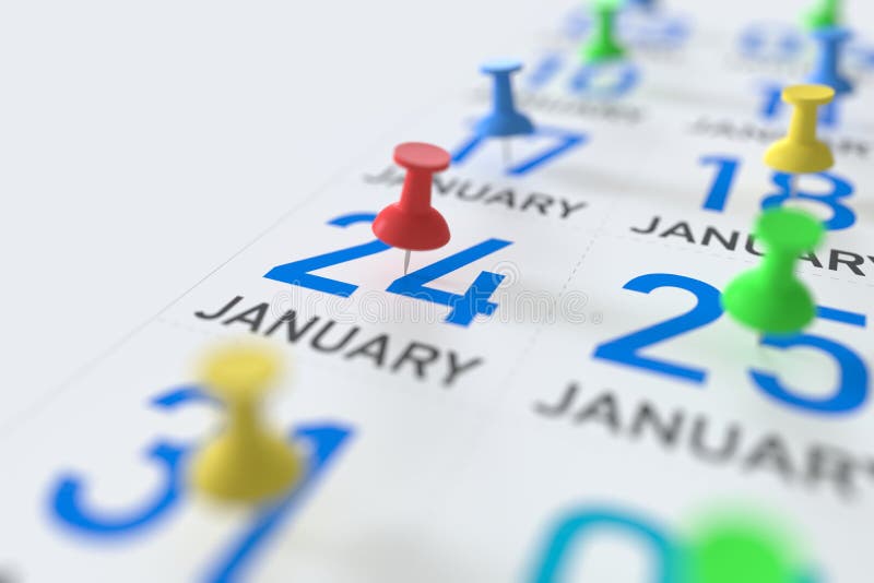 January 24 Date and Push Pin on a Calendar, 3D Rendering Stock ...