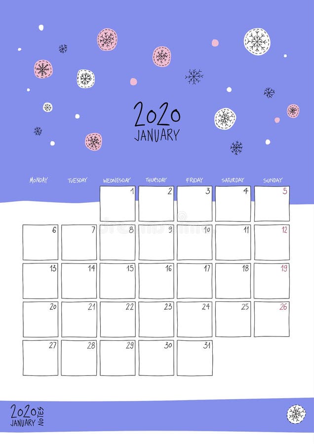 January 2020 Simple Calendar Planner, Week Starts from Monday Stock ...