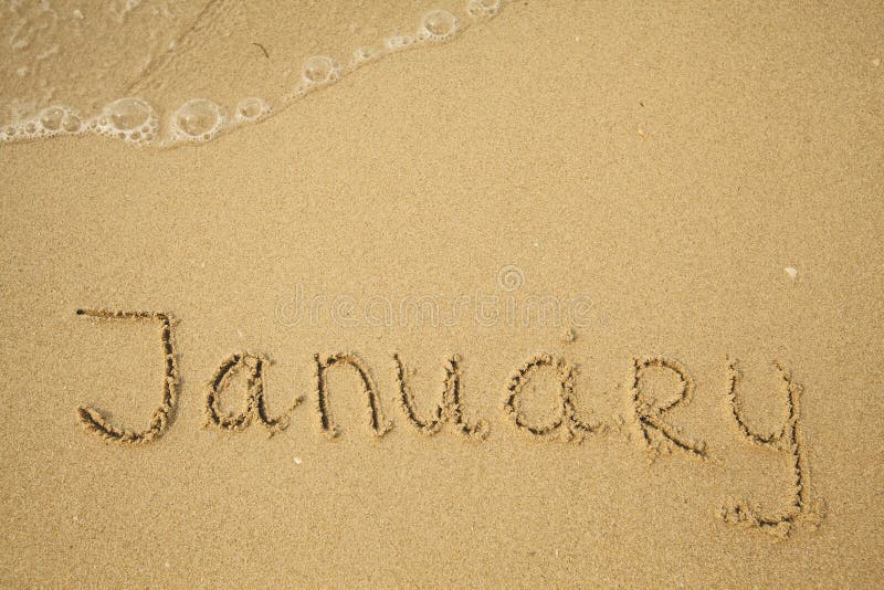 January - Word Drawn on the Sand Beach with the Soft Wave. Stock Image ...