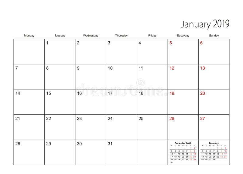 January 2019 Simple Calendar Planner, Week Starts from Monday Stock ...