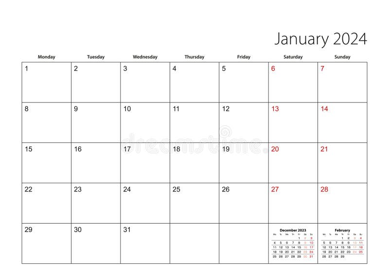 January 2024 Simple Calendar Planner, Week Starts from Monday Stock ...