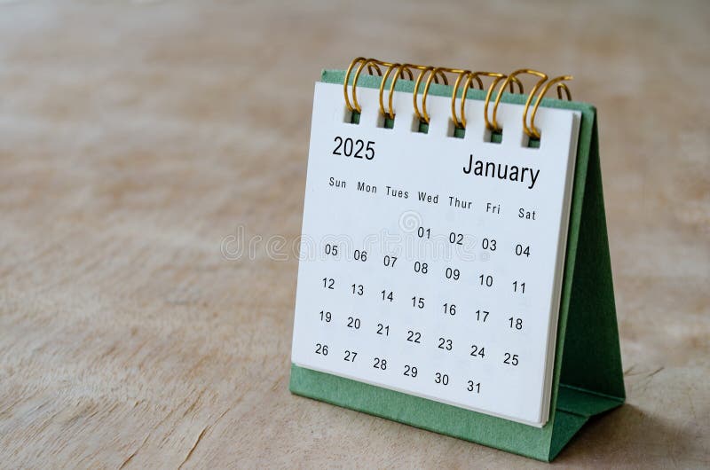 January 2025 Table Calendar on Wooden Desk with Customizable Space for ...
