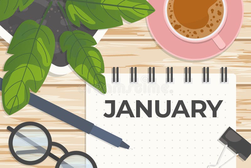 January Written on Spiral Notebook, Flat Lay Composition on Wooden Desk ...