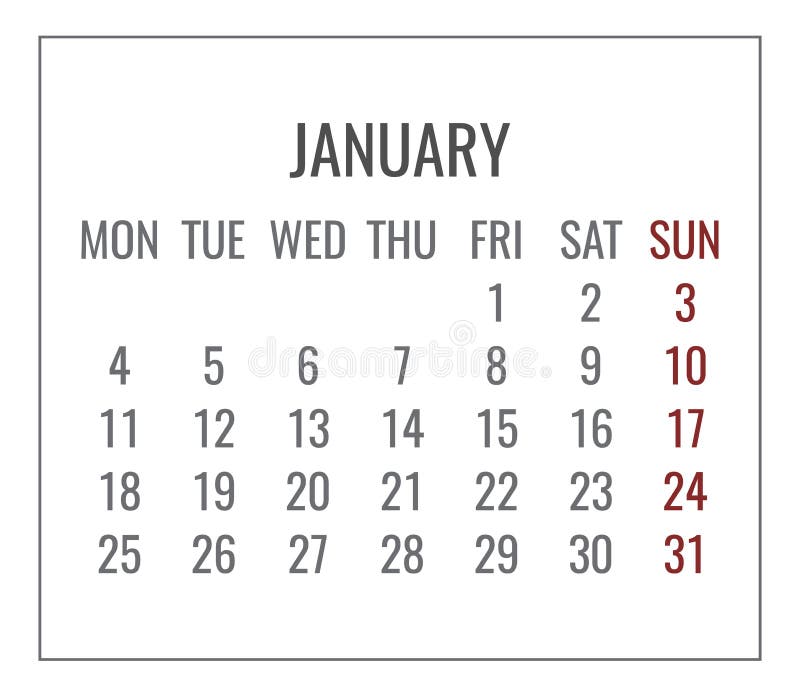 January Year 2021 Monthly Minimalist White Calendar Stock Vector ...