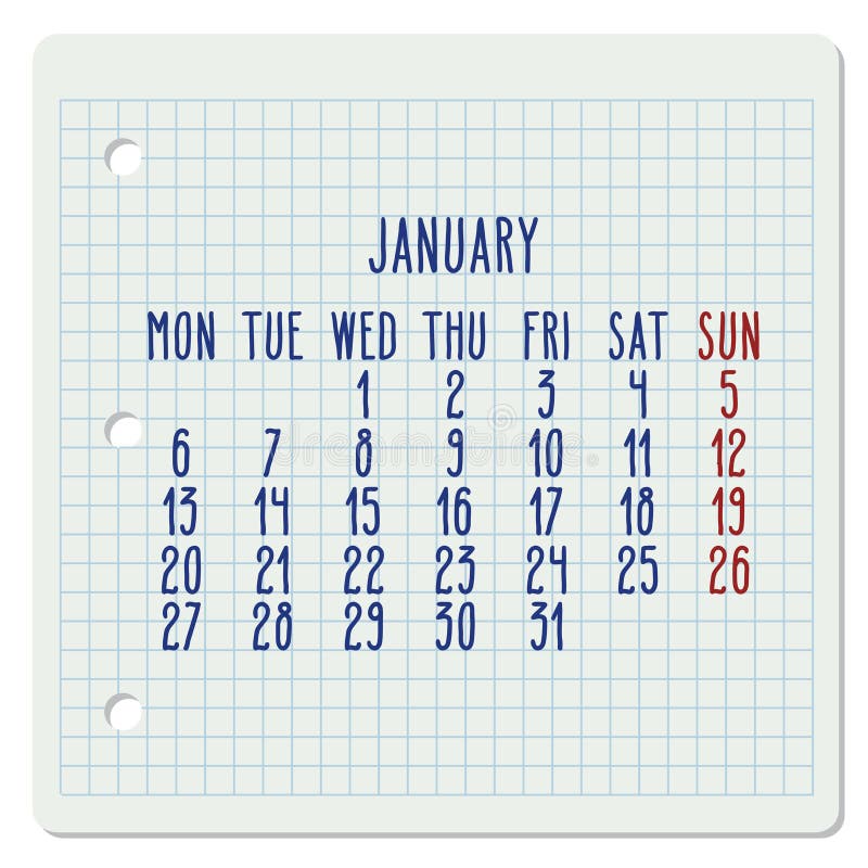 January Year 2020 Monthly Notebook Page Calendar Stock Vector ...