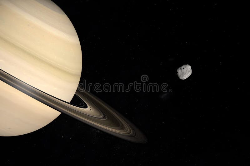Janus Moon Orbiting Around Saturn Planet in the Outer Space. 3d Render ...