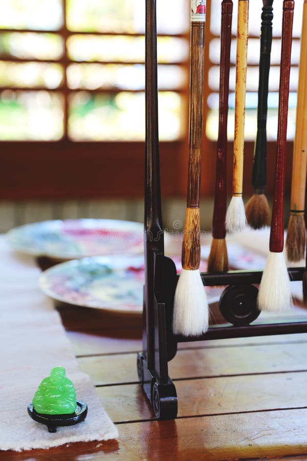 Japan calligraphy tools. stock photo. Image of desktop - 167557472