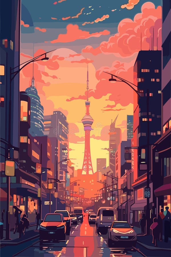 Japan City Landscape in the Evening. Vector Flat Illustration Stock ...