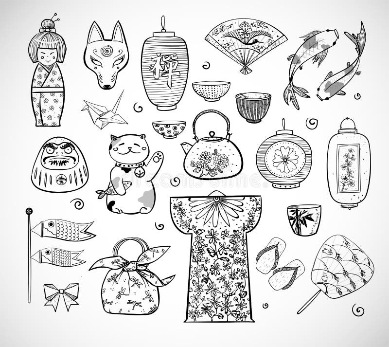 Japan Doodle Sketch Elements on White Background Stock Vector ...