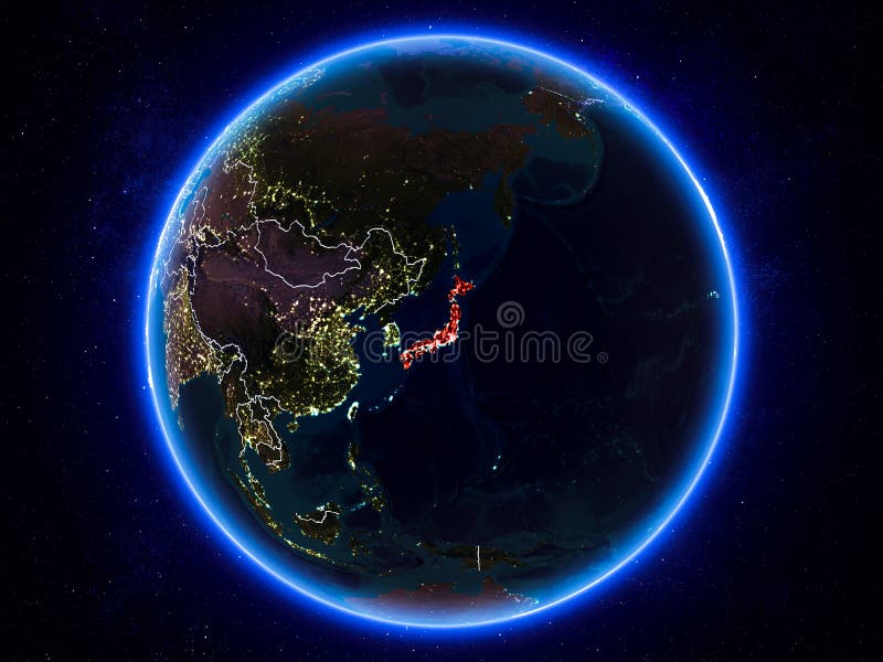 Japan on Earth from Space at Night Stock Illustration - Illustration of ...