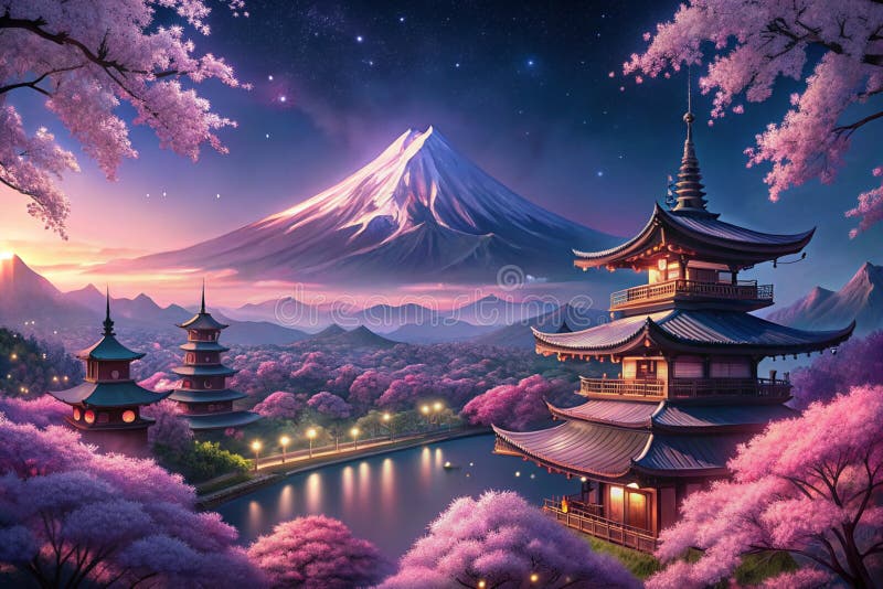 Japan Edo Era with Mouth Fuji Beatiful Sakura with Winter Stock ...