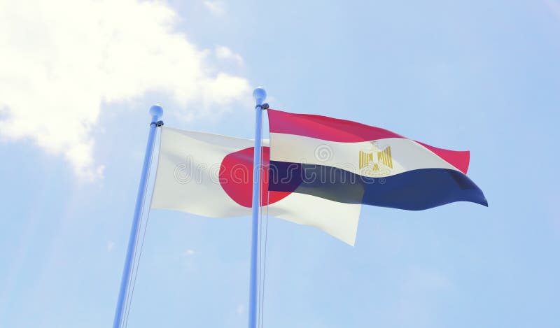 Japan and Egypt, Flags Waving Against Blue Sky Stock Illustration ...
