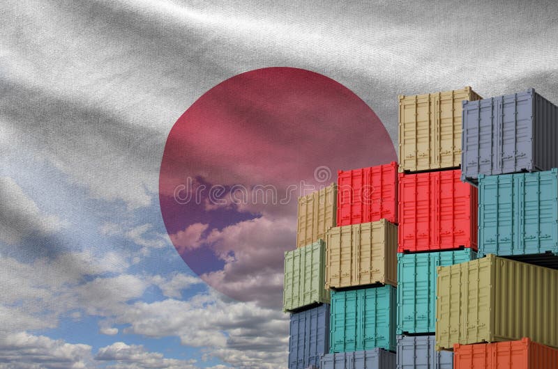 Japan Flag and Big Stack of Shipping Cargo Containers in Docks with Sky ...