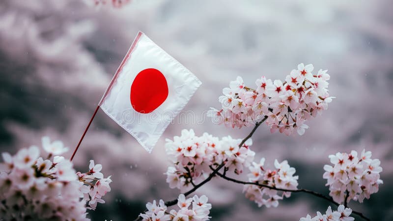 Japan Flag Hanging with Cherry Blossoms Backdrop Stock Illustration ...