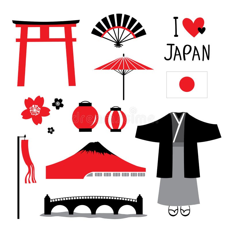 Japan Flat Icons Design Travel Set Red and Black Collection Vector ...