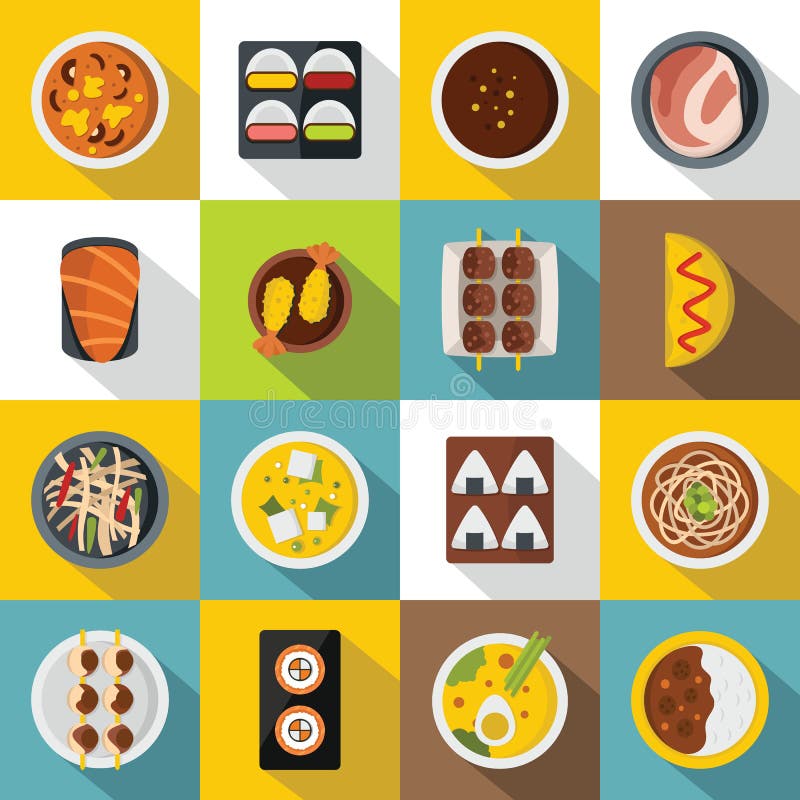 Japan Food Icons Set, Flat Style Stock Vector - Illustration of maki ...