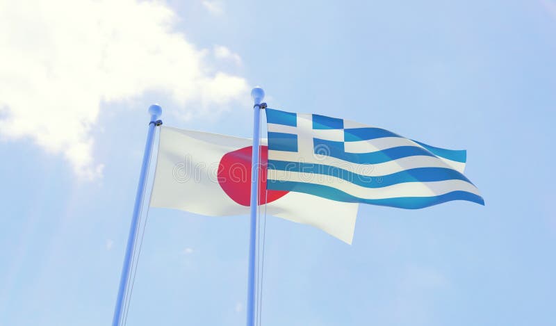 Japan and Greece, Flags Waving Against Blue Sky Stock Illustration ...