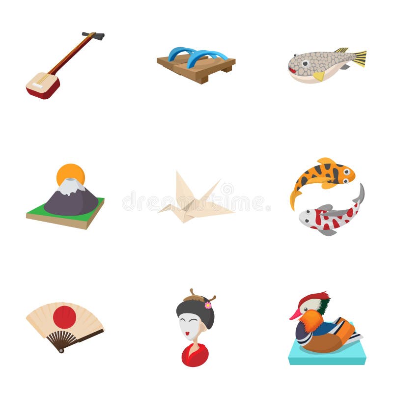 Japan Icons Set, Cartoon Style Stock Vector - Illustration of economic ...