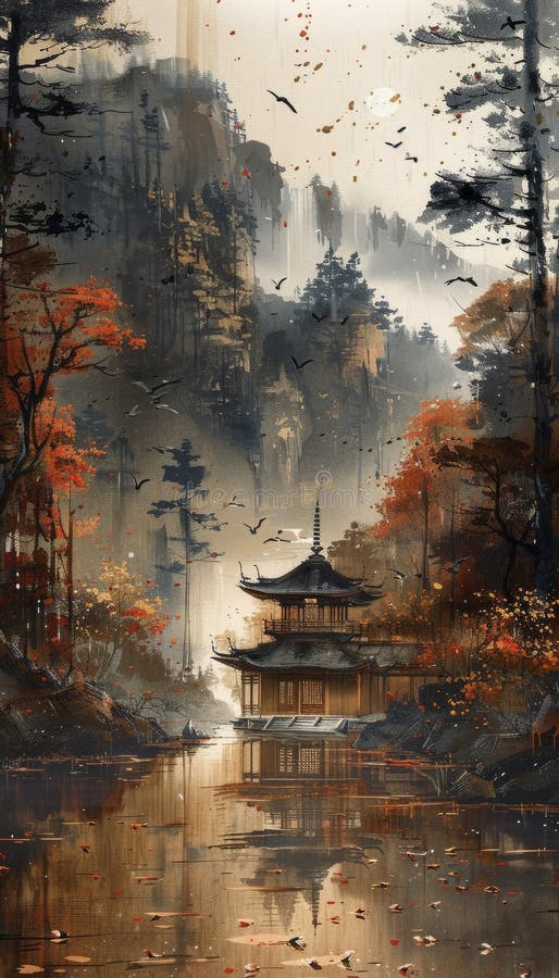 Japan Landscape, Artwork Watercolor. AI Generative Stock Illustration ...