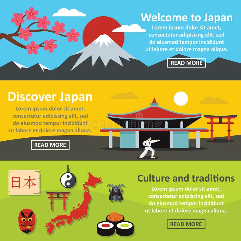 Japan Landscape Banner Horizontal Set, Flat Style Stock Vector ...