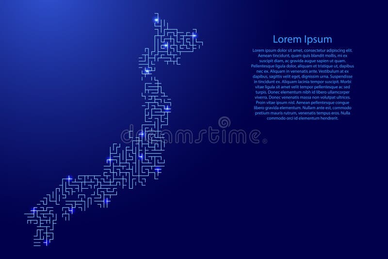 Japan Map from Blue Pattern of the Maze Grid and Glowing Space Stars ...