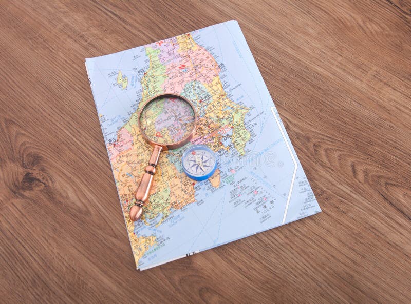 Japan Map with Magnifying Glass and Compass on the Table Stock Image ...
