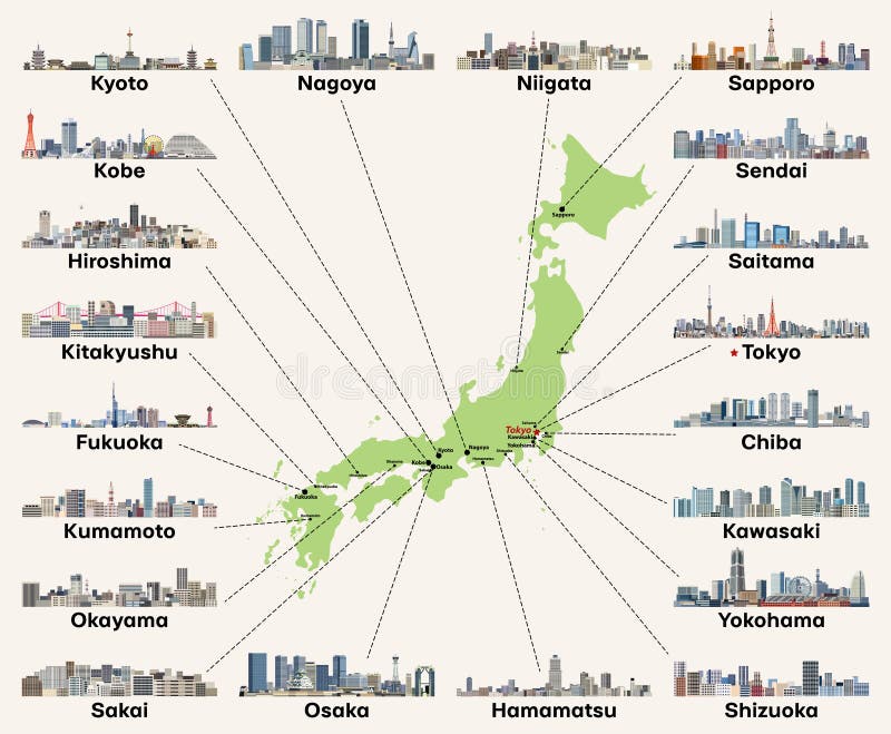 Japan Map with Main Cities Skylines. Vector Illustration Stock Vector ...