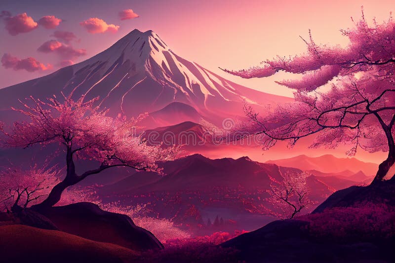 Japan, Sakura, Mountains in Distance, Pink Dawn, Sun Rays Stock ...