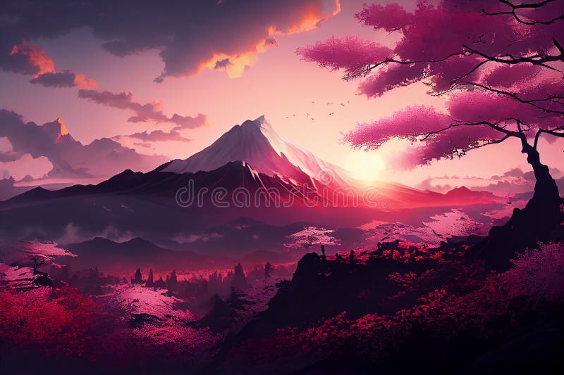 Japan, Sakura, Mountains in Distance, Pink Dawn, Sun Rays Stock ...