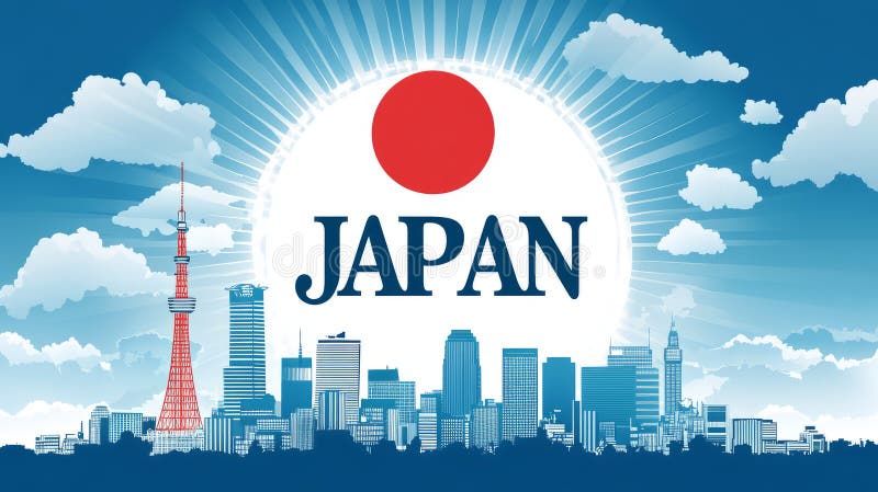 Japan Skyline Illustration with Sun, Clouds, and Iconic Tower Design ...