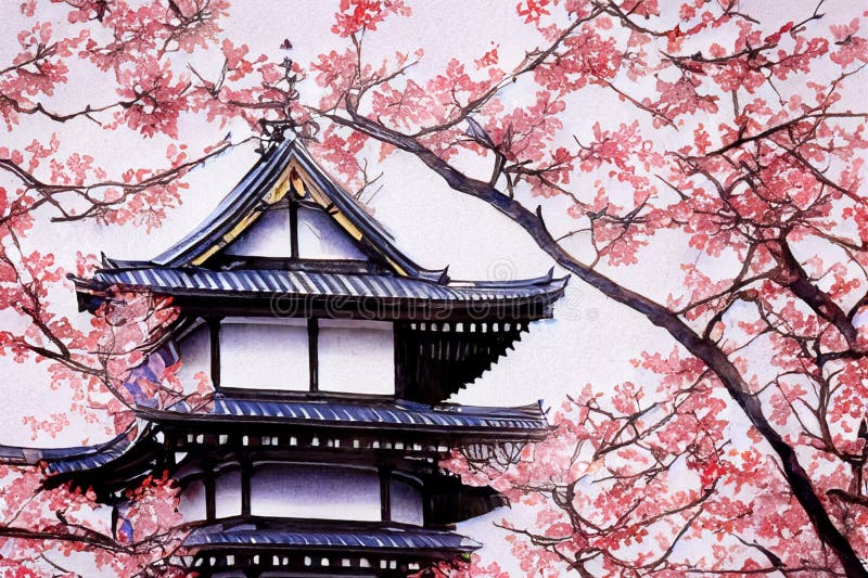 The Japan Spring Landscape. Cherry Blossoms Stock Illustration ...