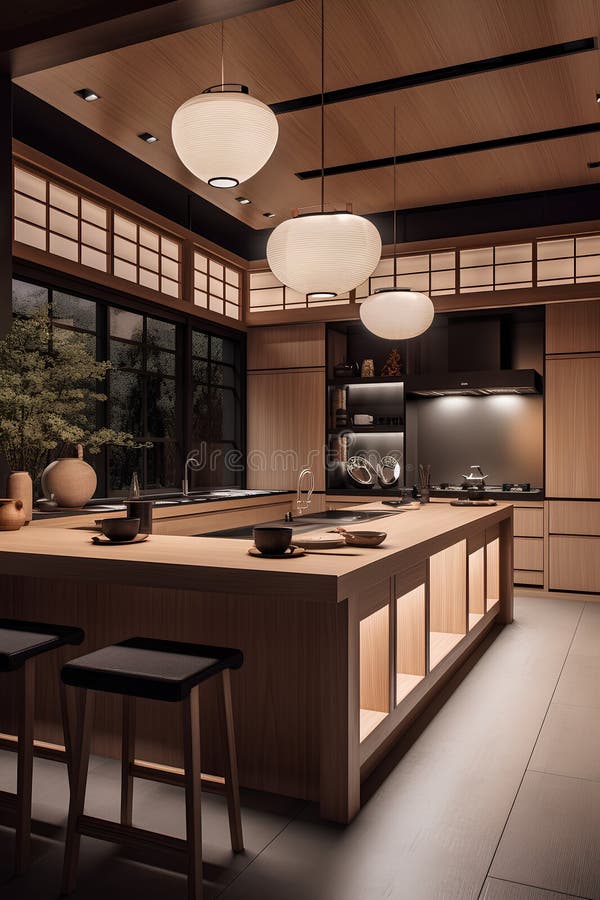 Japan Style Kitchen Interior in Modern House Stock Illustration ...