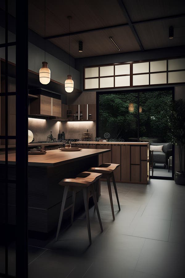 Japan Style Kitchen Interior in Modern House Stock Illustration ...