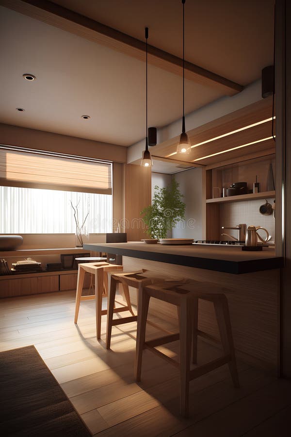Japan Style Kitchen Interior in Modern House Stock Illustration ...